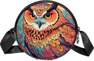 Generic Sac &agrave; bandouli&egrave;re rond pour femme, motif hibou color&eacute; avec fermeture &eacute;clair, bretelles r&eacute;glables, sac &agrave; main rond d&eacute;contract&eacute; pour femmes et filles