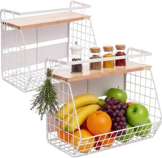 Relaxdays Obstkorb Wandregal 2er Set, Holz, K&uuml;chenorganizer magnetisch, HBT 30x35,5x21 cm, Gitterkorb Metall, wei&szlig;/Natur