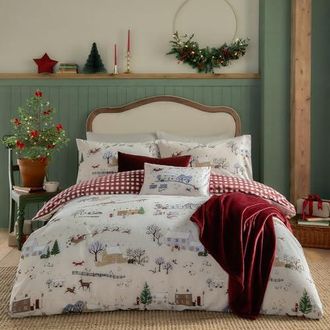 furn. Furn. Cotswolds Weihnachts-Bettbezug-Set - Wendebettwäsche mit Gingham-Design (Creme/Burgunderrot - Super King)