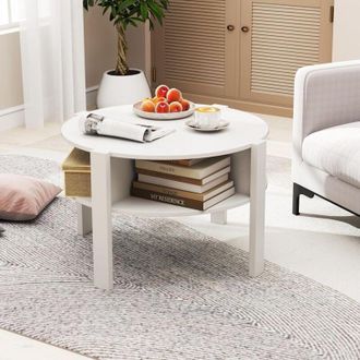 Costway Costway - Table Basse Ronde 2 Niveaux, Table Ronde Bois avec Rangement, 4 Compartiments, Design Compact, pour Salon, Chambre (Blanc)