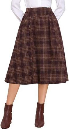 Allegra K Jupes &agrave; Carreaux Femmes en Tartan A-Ligne Pliss&eacute;e Mi-Longue Taille Haute Vintage avec Poches Rose fonc&eacute; M