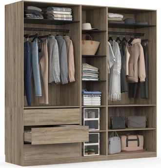 IDMarket Dressing modulable TAYLOR 200 x 55 x 200 cm 3 modules avec penderies + &eacute;tag&egrave;res + tiroirs h&ecirc;tre et noir