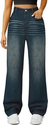 Generic Jean extensible à jambe droite pour femme - Jean à jambe large - Pantalon extensible taille haute - Coupe décontractée avec poches - Pantalon ample dé