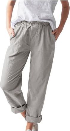 Generic Pantalon Ample Femme Fluide en Lin Large Elegant Pantalons Pocket Tightness Pantalons en Coton D&eacute;contract&eacute;s Lin pour Femmes V&ecirc;tements Solides L&eacute;ger Pa