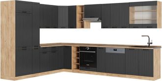 Vicco Eckküche Fame-Line, Dunkelgrau, 347 x 60 cm, AP Eiche