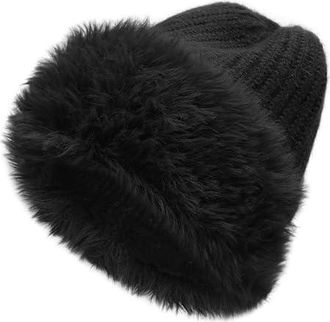ZLYC Bonnet dhiver en fausse fourrure pour femme - Bonnet chaud en tricot extensible avec revers, noir uni, Taille unique