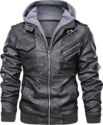 Minetom Blouson Homme Sweatshirt Veste en Cuir PU avec Capuche pour Hommes Amovible Manteau Chaud Automne Hiver Bomber Biker Veste Mens Hooded Leather Jacket 