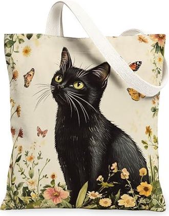 Generic Spring Bombays Sac fourre-tout en toile motif chats 33 x 38 cm, sac d&eacute;picerie r&eacute;utilisable vintage pour femme, animal de compagnie, motif de voyage, d