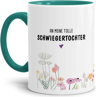 Tassendruck Tasse mit Spruch Blumen - an Schwiegertochter von Schwiegermutter- Leben/Liebe/Geschenk/Familie/ - Innen & Henkel Türkis