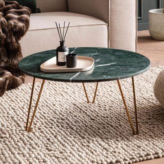 M&S Collection Table basse ronde 70x35 cm en marbre vert fonc&eacute; et m&eacute;tal dor&eacute;