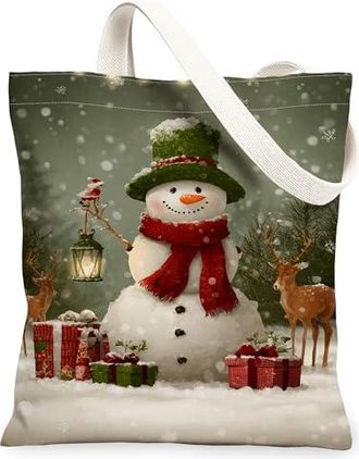 Generic Sacs fourre-tout en toile motif bonhomme de neige de No&euml;l, sacs d&eacute;picerie r&eacute;utilisables, vintage, l&eacute;gers, lavables, vert, 13x15 Inch