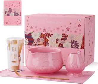 Zens Matcha Set Rosa, Matcha Tee Set mit Matcha Besen, Keramik Matcha Schale & Besenhalte und Bambusschaufel & Teetuch, f&uuml;r Matcha Ceremonial, Geschenk f&uuml;r