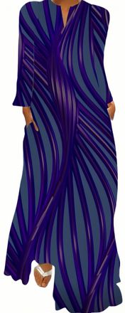 Ocean Plus Damen Fr&uuml;hling Sommer Langer Rock V-Ausschnitt Lang&auml;rmelig Taschendruck Lockeres Kleid (3XL, Blau-Violette Linien)