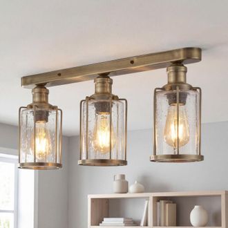 Licht-Erlebnisse Vintage Deckenlampe 57.5 cm breit Metall Glas in Messing Antik E27 3-flammig Industrial Deckenleuchte