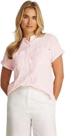 Tommy Hilfiger Blouse Femme Linen Collarless Manches Courtes, Multicolore (Foggy Pink STP), 44