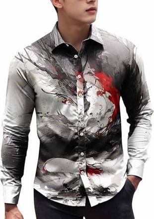 Generic Chemise &agrave; manches longues pour homme, coupe ajust&eacute;e, imprim&eacute; 3D, tendance, chemise daffaires, col &agrave; revers, chemise formelle, extensible dans les 4 se