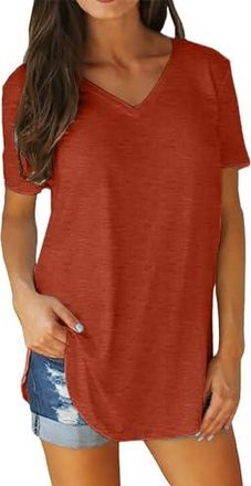 Generic T-shirt dété basique à manches courtes pour femme - Col en V - Manches courtes - Ourlet en arc - Grande taille - Couleur unie - Vêtements pour la vie 