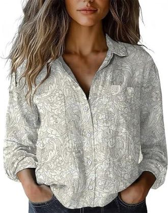 ORANDESIGNE Chemisier Femme Chic et élégant Chemise Bouton Boho Blouse à Imprimé Floral Haut Manches Longues avec Poche Poitrine A Beige XXL