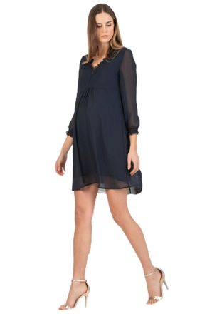 Attesa Maternity Womens Diana-Chiffon Maternity & Nursing with Ruffle Trims on The Neck Dress, Blue, Large