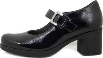 Pitillos Decolleté Mary Jane en cuir nappa brillant noir, talon moyen 6 cm et plateau, 30100, Noir, 35 EU