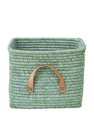 Rice Kleiner quadratischer Bastkorb mit Ledergriffen, Minzgrün, Blau