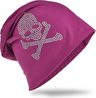Miobo Slouch Beanie M&uuml;tze, Long, Totenkopf Motiv, Herren Damen,StrassPirat-Orchidee