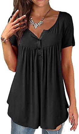 ORANDESIGNE Shirt Femme Fleurs Col en V été Casual Ample Grande Taille Manche Longue Tuniques Blouse Longue Chemisie Henri Hauts à Manches Courtes Tops Tee Shirt 