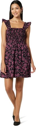 The Drop Kari Ruffled-Shoulder Smocked Mini Dress Kleider, Schwarz/Rosa Paisleymuster, XS