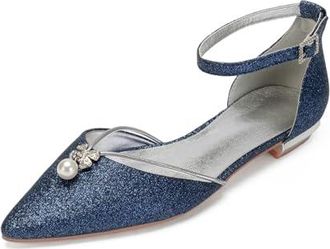 Generic Mariage À Bout Fermé Brillants Chaussures Plates Mariée À Bout Pointu pour Femmes Robe Cheville Plates 1.8Cm,Dark Blue,38 EU