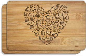 Wallario 2er Set Frühstücksbrettchen aus Holz, Holzunterlage, Holzbrettchen I Love Cooking - Herz aus Küchenutensilien in schwarz weiß, Größe 22 x 14 cm