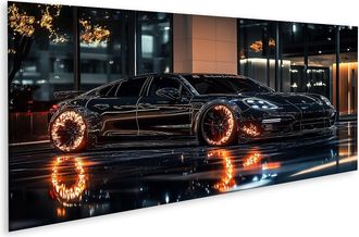 Islandburner Bild auf Leinwand Schwarzes Auto mit leuchtenden R&auml;dern bei Nacht Bilder Wandbilder Poster
