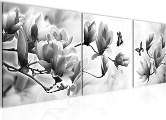 Runa Art Bilder Blumen Magnolien 3 Teilig Bild auf Vlies Leinwand Deko Wohnzimmer 90 x 30 cm Schmetterling Schwarz Weiss 036934c
