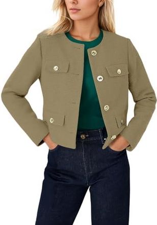 Generic Vestes pour femmes 2026 unies col rond avec bordure boutonn&eacute;e courte - Veste polyvalente pour le week-end, marron, XS