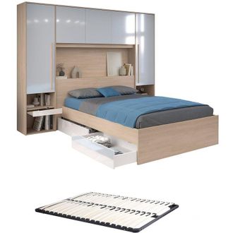 Vente-Unique Vente-Unique - Lit pont 140 x 190 cm avec rangements - 2 tiroirs et 9 &eacute;tag&egrave;res - LEDs int&eacute;gr&eacute;es - Panneau m&eacute;lamin&eacute; blanc et naturel