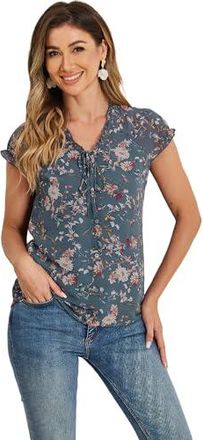 Allegra K Femmes Floral Imprim&eacute; &agrave; Volants Capuche Manche Chiffon Chemisier Top Gris Bleu S
