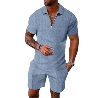Generic Homme Surv&ecirc;tement de Sport T-Shirt &agrave; Manches Courtes Fermeture &eacute;clair et Short Ensemble, Costume Deux Pi&egrave;ces &agrave; Rayures pour Hommes,Couleur Unie Joggin