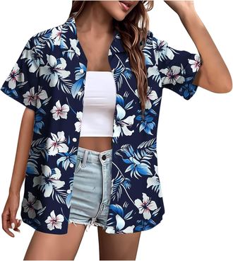Generic Hawaii Hemd Damen Kurzarm Hawaiihemd Sommer Strandshirt Funky Hawaiibluse Fronttasche Party Hemden Hawaii Outfit Damen Casual Hemdbluse Shirt Tops Bea