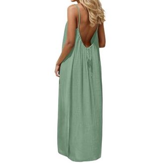 Generic Robe caraco dos nu pour femme - Robe longue sans manches avec noeud dans le dos - Couleur unie, vert clair, 5XL
