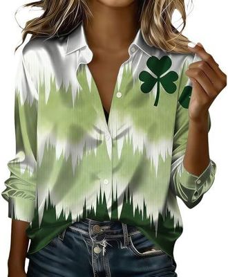 Generic Chemisier pour femme avec tr&egrave;fle porte-bonheur &agrave; manches longues boutonn&eacute;es en satin vert tr&egrave;fle imprim&eacute; comme un haut en satin d&eacute;contract&eacute; &agrave; porter a