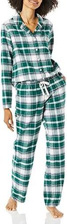 Amazon Essentials Ensemble pantalon de pyjama et chemise en flanelle à manches longues boutonnés sur le devant Femme, Blanc Vert Foncé Écossais, XXL