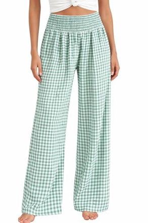 Lazutom Pantalon palazzo l&eacute;ger vichy &agrave; jambe large pour femme - Taille haute smock&eacute;e - &Agrave; enfiler avec poches, vert, Large