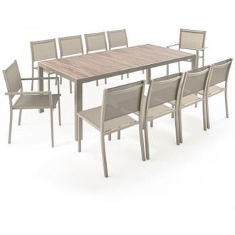 Oviala Table de jardin c&eacute;ramique effet bois 206 cm et 10 chaises cr&egrave;me - Tivoli