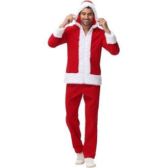 Generic Costume de P&egrave;re No&euml;l pour homme avec bordure blanche - Costume de P&egrave;re No&euml;l en velours rouge avec fermeture &eacute;clair - Haut avec capuche et pantalon - T