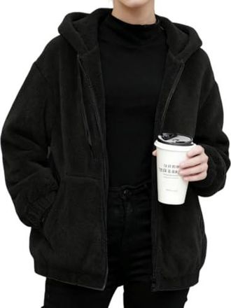 Generic Vestes dhiver pour femmes, v&ecirc;tements dext&eacute;rieur Sherpa duveteux avec cordon de serrage - Manteaux chauds d&eacute;contract&eacute;s dhiver avec capuche, Noir, XXL