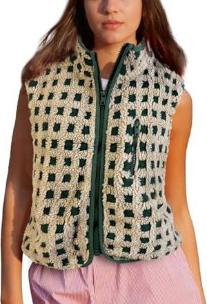Generic Gilet Sherpa &agrave; carreaux pour femme, veste polaire dhiver sans manches, fermeture &eacute;clair, col haut, gilet en polaire chaude &agrave; carreaux avec poche de po