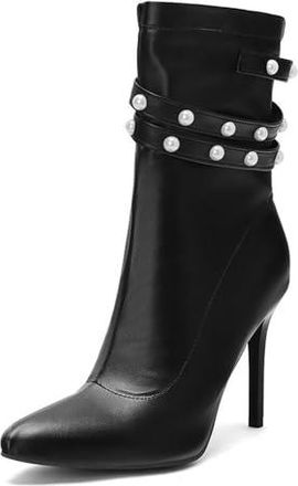 Generic Bottines habill&eacute;es &agrave; bout pointu pour femme avec fermeture &eacute;clair et talons aiguilles et perles &eacute;l&eacute;gantes pour f&ecirc;te, mariage, Noir, 37.5 EU