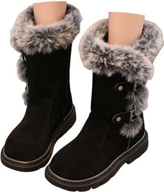 Generic Bottes de neige dhiver pour femme - Plateformes mi-mollet - Doublure en daim - Fermeture &eacute;clair lat&eacute;rale - Talon &eacute;pais - Bout rond - Sangles &agrave; boucle 