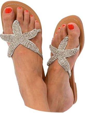 Generic Sandales de plage pour femme 2026, tongs &agrave; enfiler avec strass et &eacute;toile - Sandales plates antid&eacute;rapantes &agrave; bout ouvert sans talons - Confortables - C