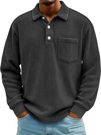 Generic Chemise en velours c&ocirc;tel&eacute; pour homme, grande taille, t-shirt &agrave; manches longues, col basculant, couleur unie, coupe d&eacute;contract&eacute;e, t-shirt &agrave; bouton 1/4 