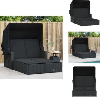 vidaXL Vidaxl - Doppel-Sonnenliege mit Dach und Auflagen Schwarz Poly Rattan - Doppel-Sonnenliege - Liege - Gartenmöbel - Outdoormöbel - Pool Accessoire